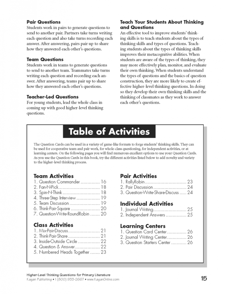 Primary Literature Higher Level Thinking Questions - Kagan Australia